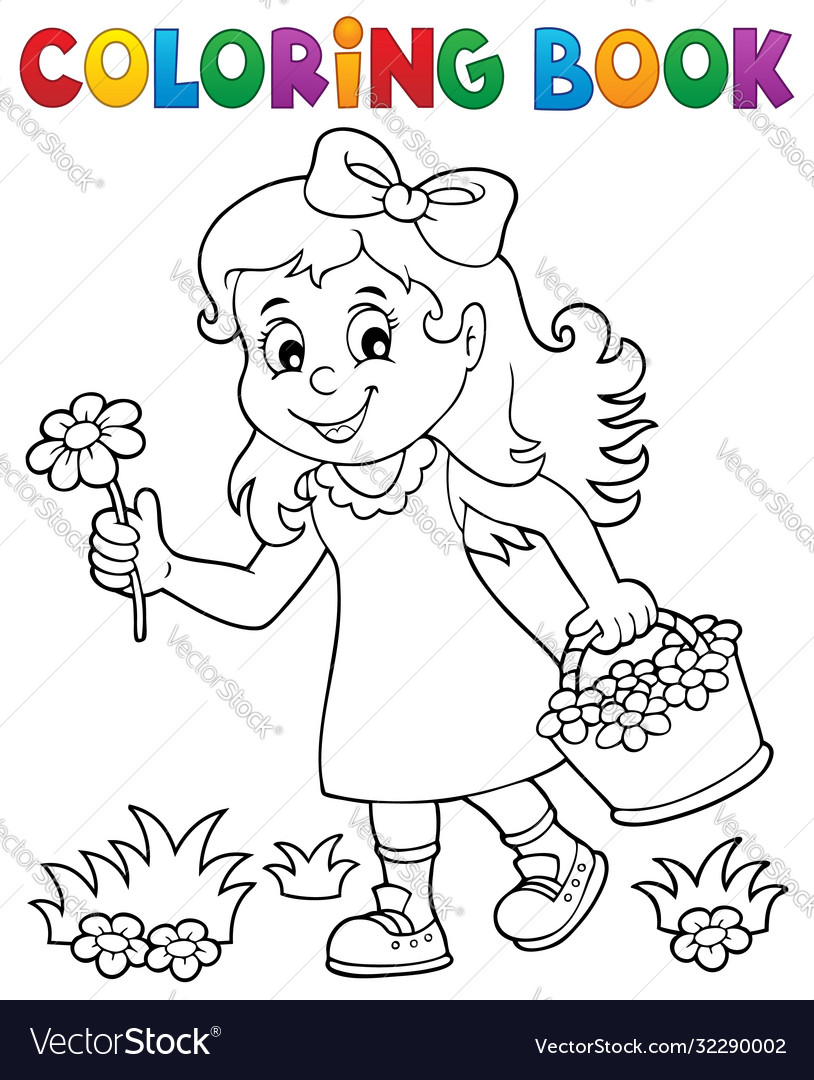 Coloring book girl with flower theme 1 Royalty Free Vector