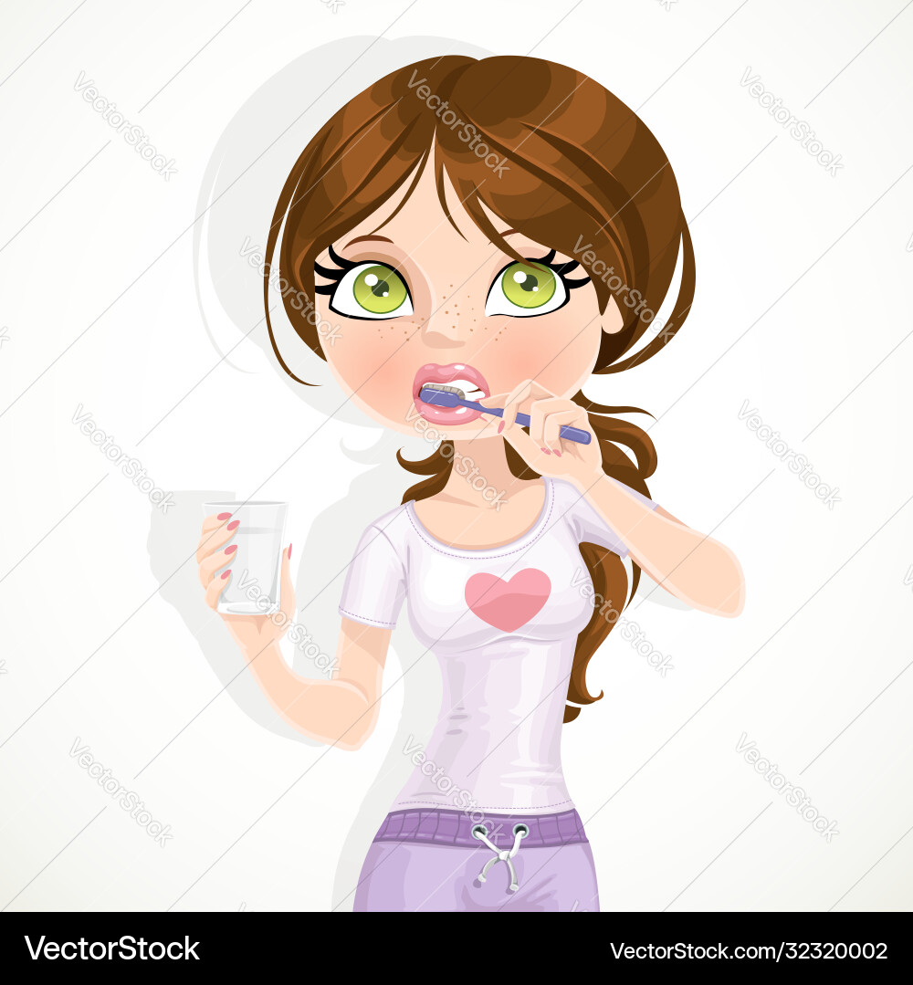 Cute brunette girl brushing her teeth isolated Vector Image