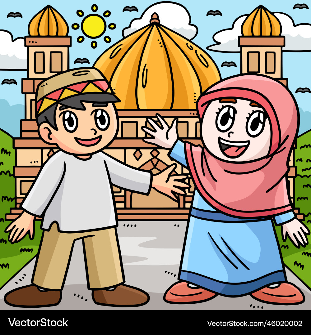 Ramadan happy muslim kids colored cartoon Vector Image