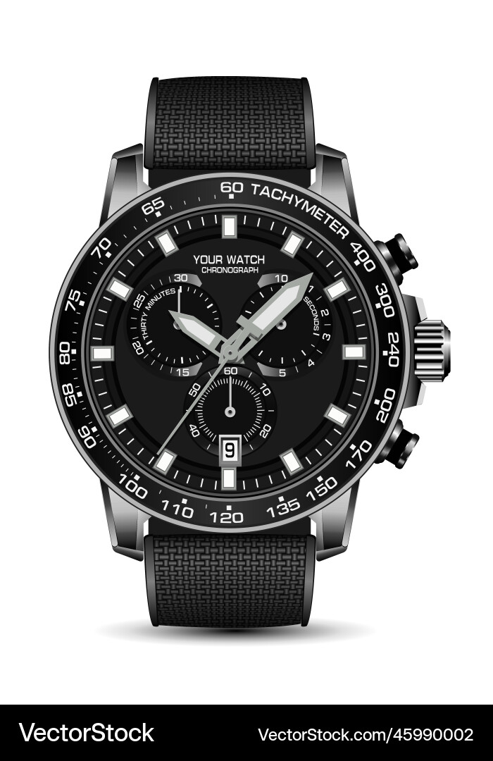 Realistic steel watch chronograph black face Vector Image