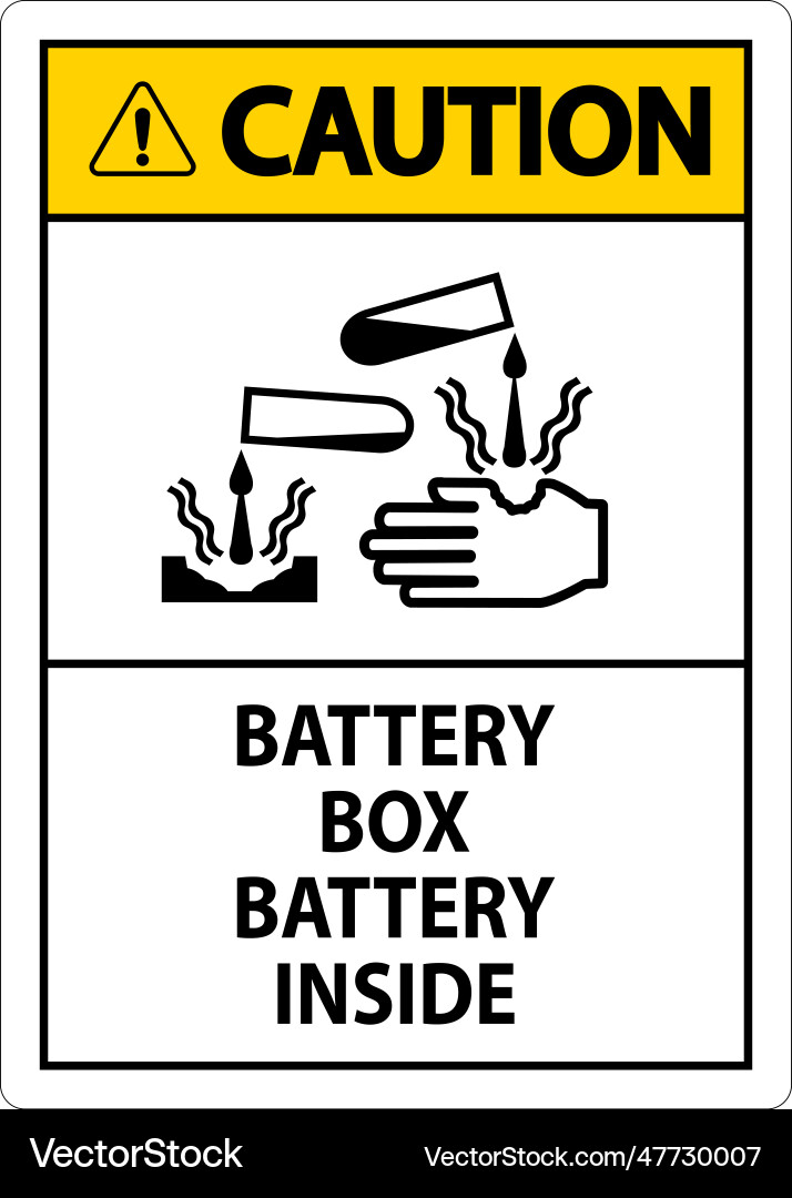 Caution battery box battery inside sign Royalty Free Vector