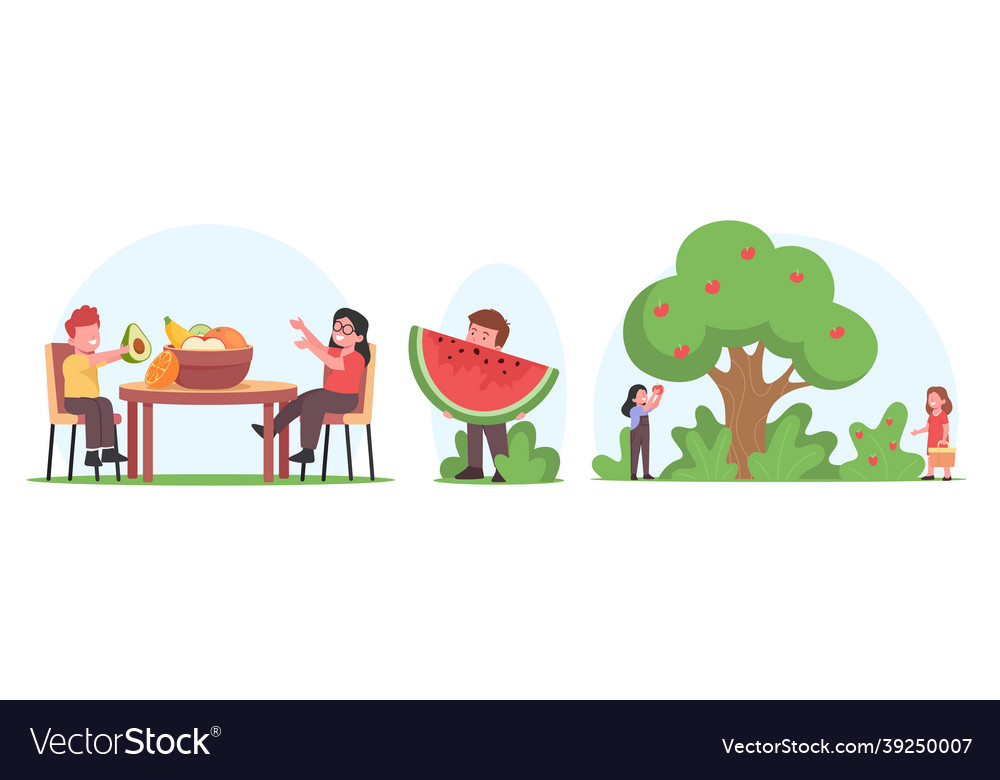 Kids eating and harvesting fruits children Vector Image