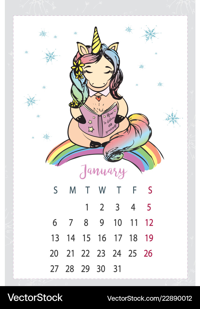 Calendar 2019 with cute unicornhand drawn magic Vector Image
