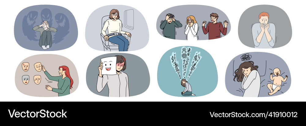 Collection of scared people struggle with panic Vector Image