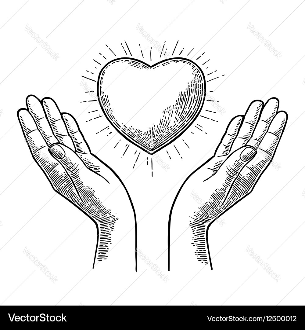 Heart with rays in open female human palms Vector Image