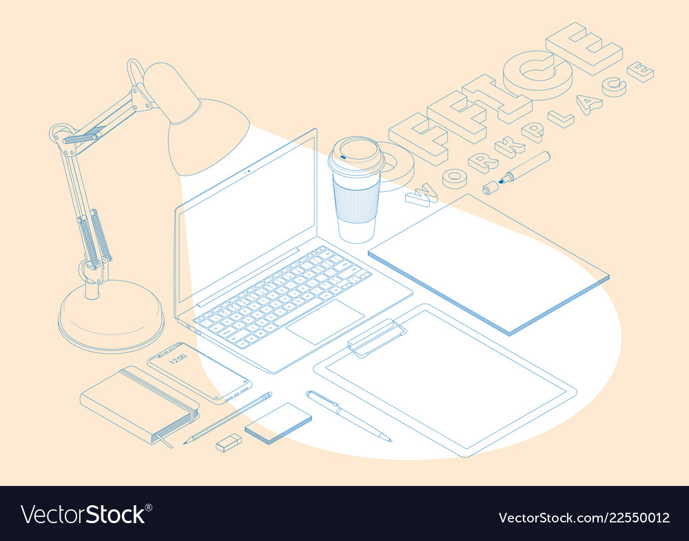 Isometric concept of workplace with computer Vector Image