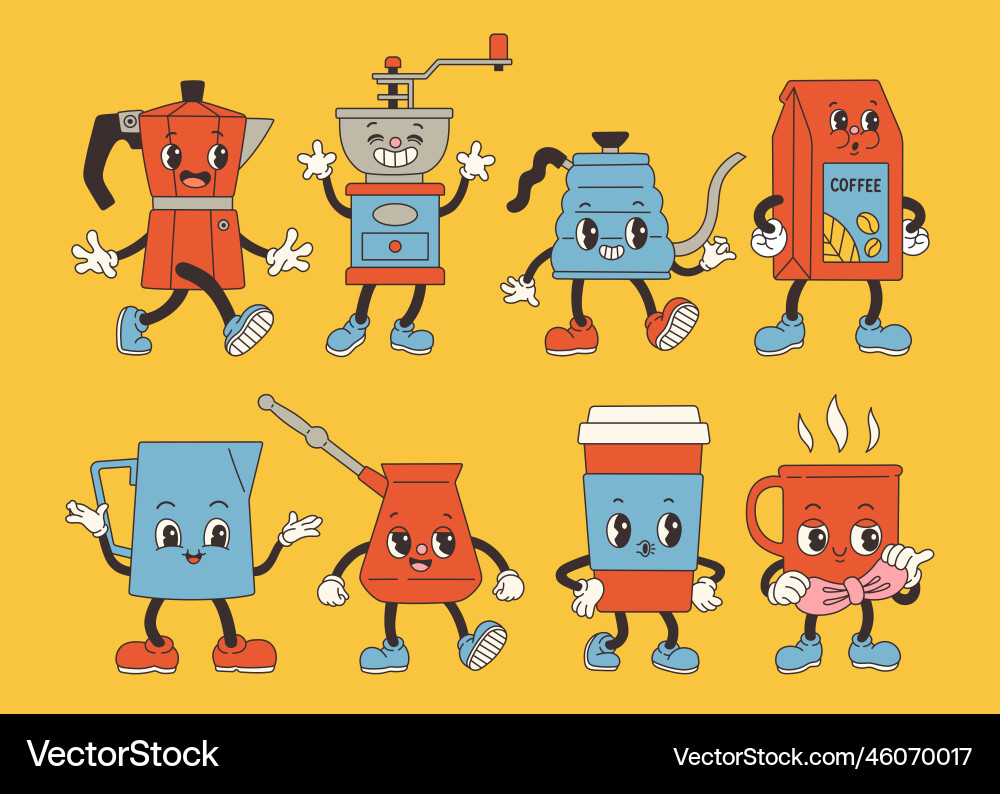 Groovy coffee set character old classic cartoon Vector Image