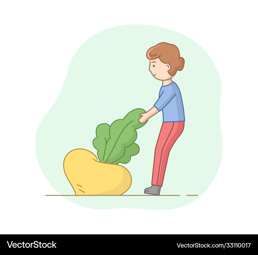 Woman pulling a huge yellow turnip from the ground