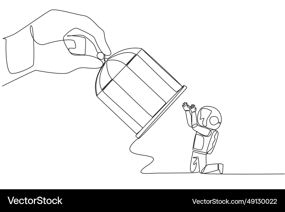 Single one line drawing big hand hold the cage Vector Image