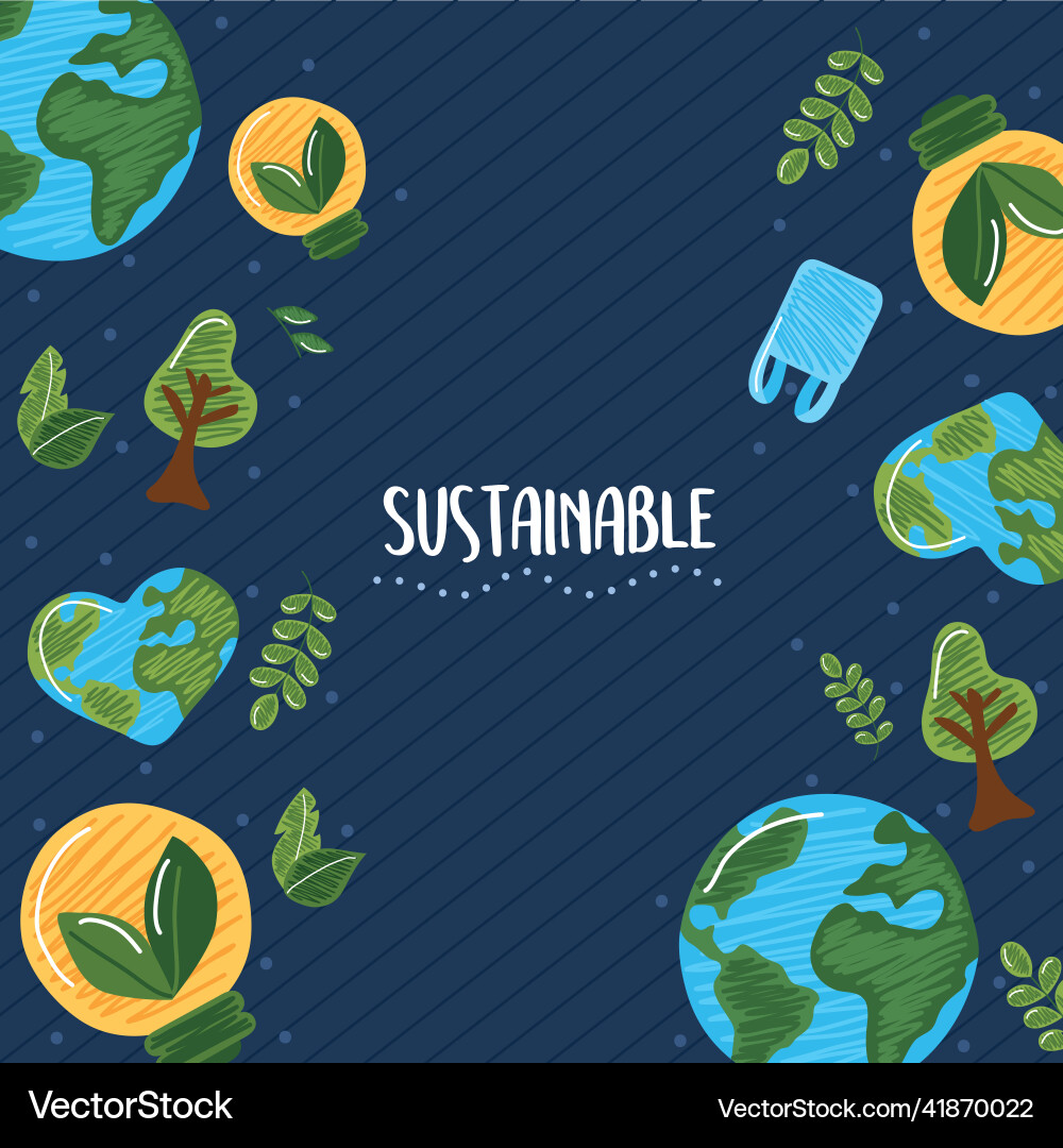 Sustainable lettering with icons Royalty Free Vector Image