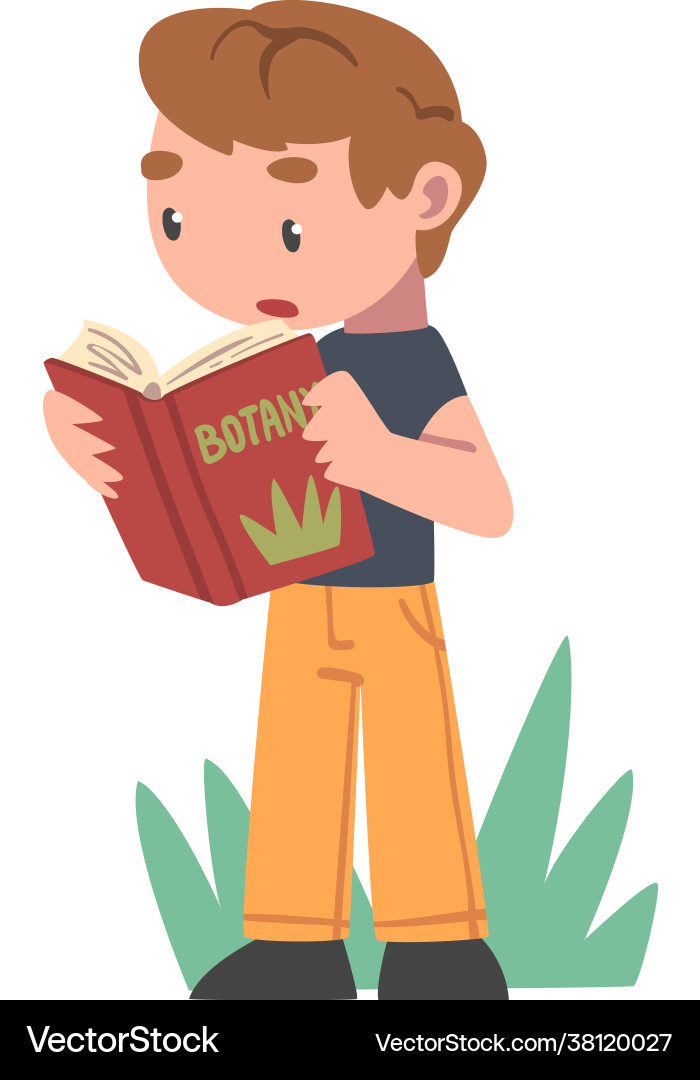 Cute boy standing with open book in his hands kid Vector Image