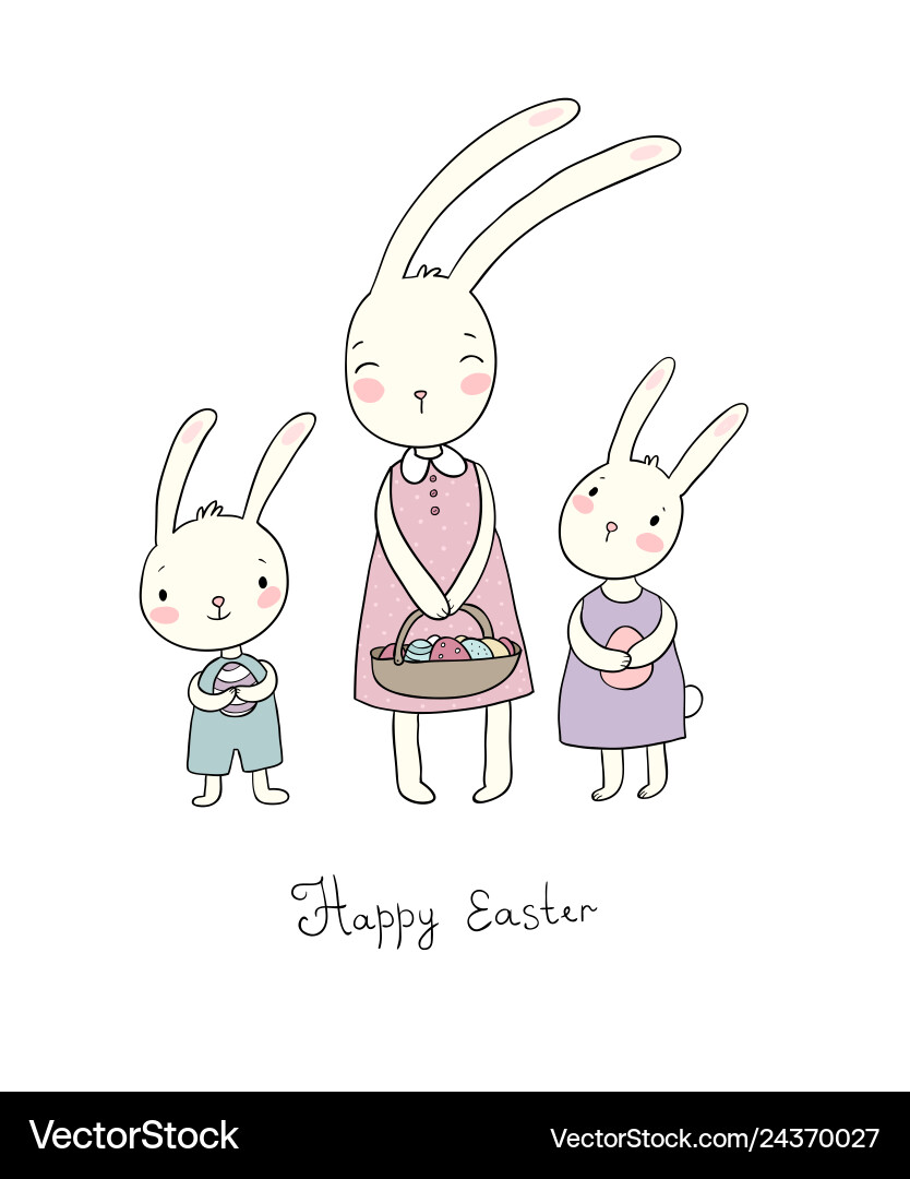 Easter bunnies cute cartoon hares with eggs Vector Image
