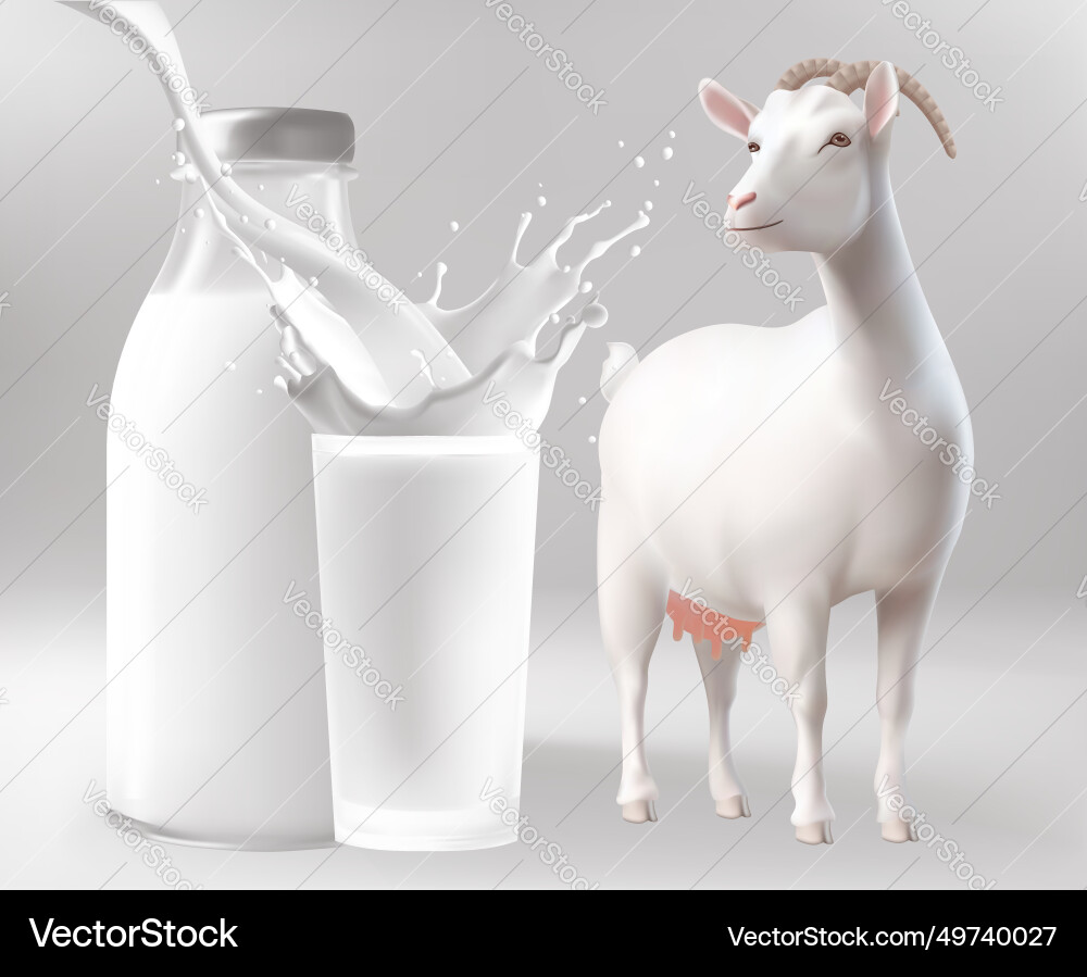 Milk bottle with splash and white goat 3d Vector Image