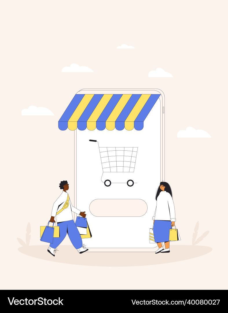 Online shopping two persons with huge smartphone Vector Image