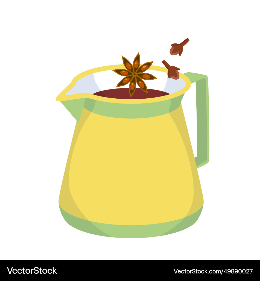 Spices falling into brew pot yellow teapot Vector Image
