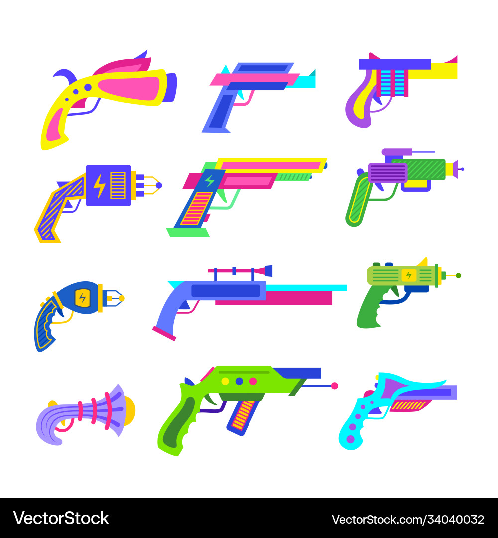 Cartoon color different guns icons set Royalty Free Vector
