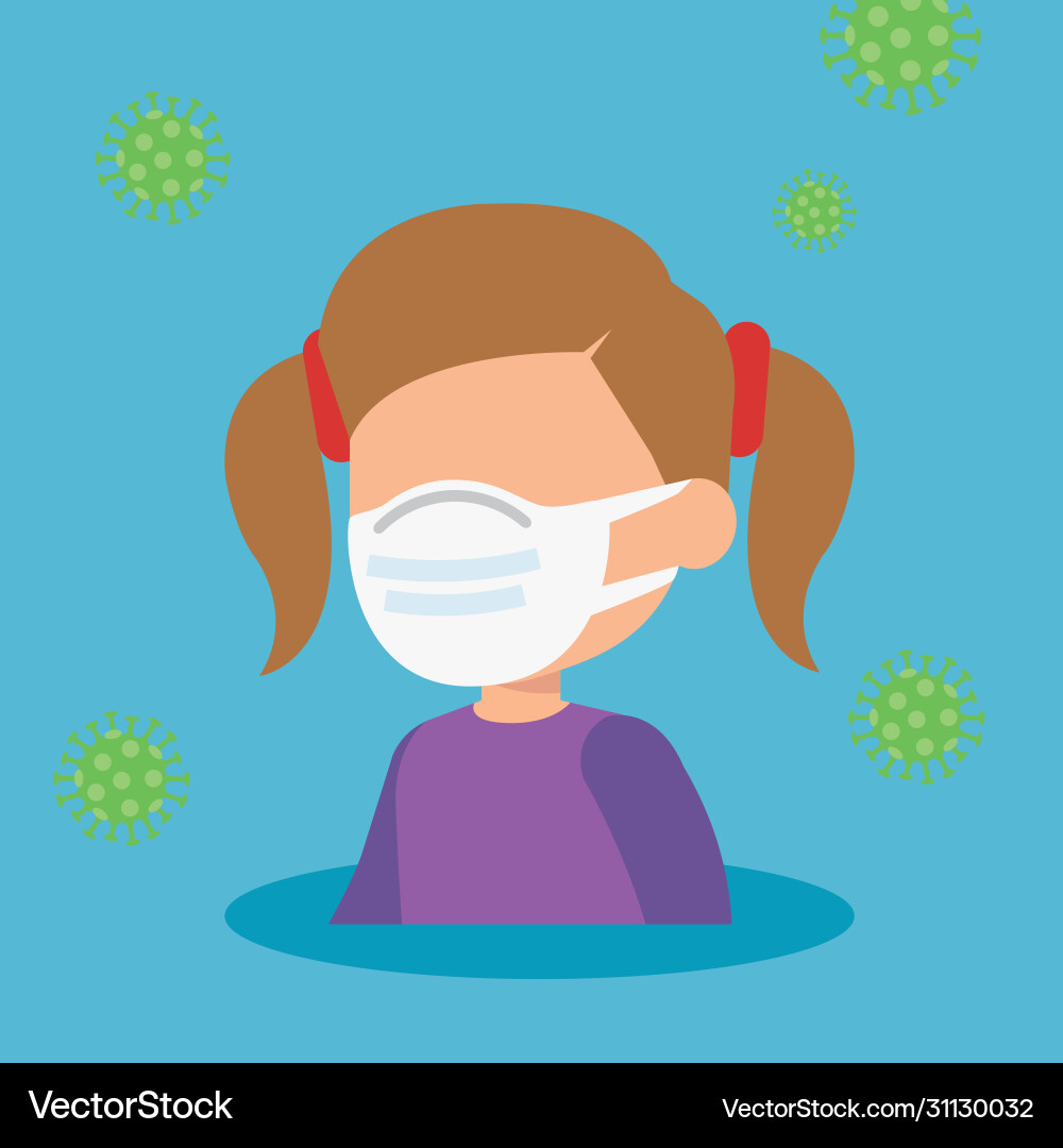Cute girl using face mask with particles covid19 Vector Image
