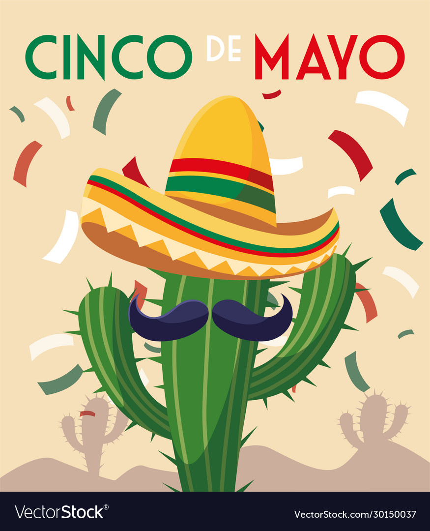 Cactus and hat mexican with label cinco de mayo Vector Image