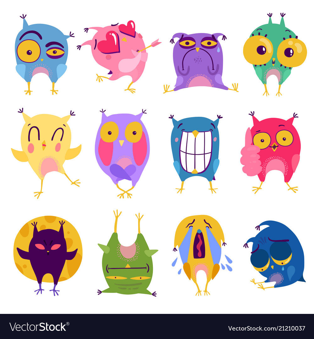Emotion owl stickers set Royalty Free Vector Image