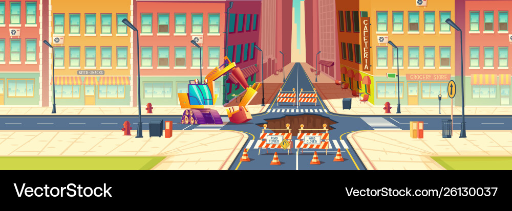 Excavator digging hole on road cartoon Royalty Free Vector