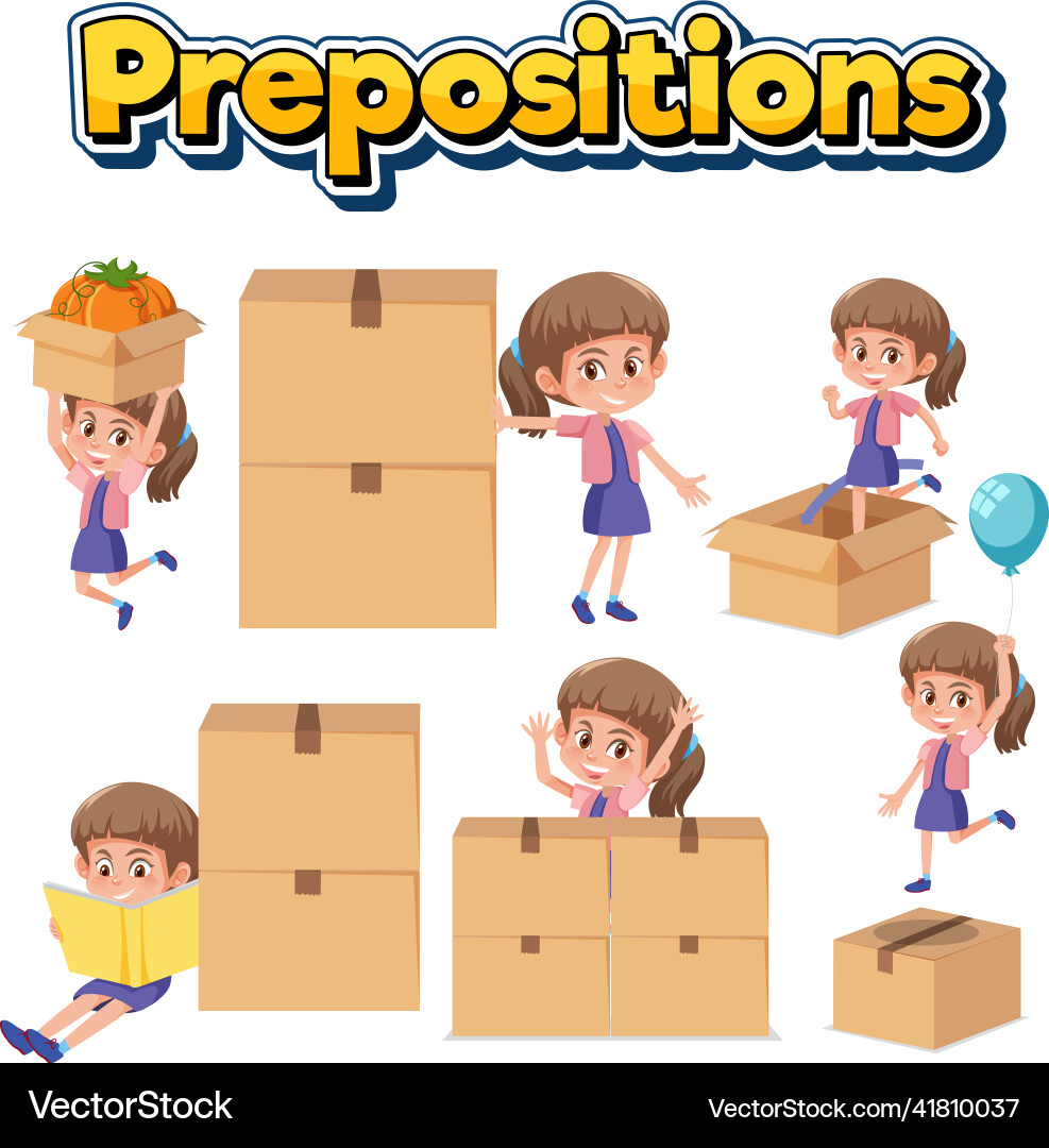 Preposition wordcard with girl and boxes Vector Image