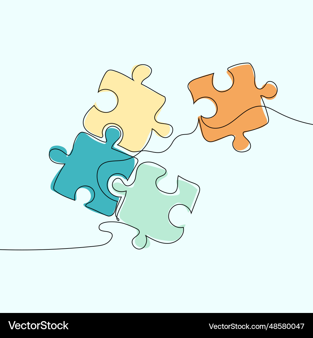 Continuous line drawing of a four-piece puzzle Vector Image