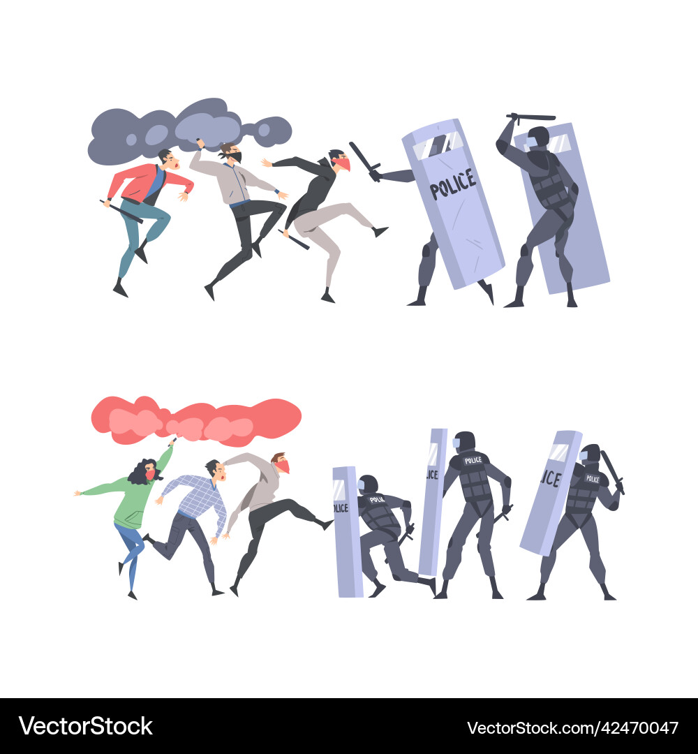 Furious rioters with smoke grenade fighting Vector Image