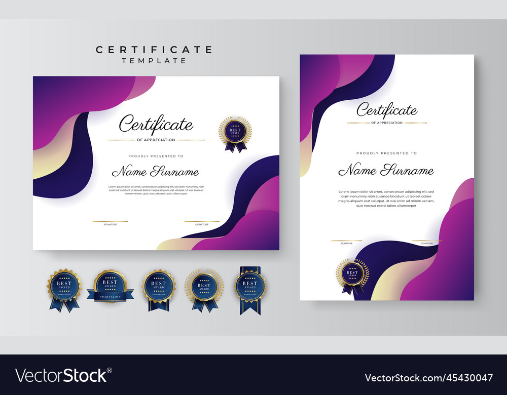 Purple and yellow certificate of achievement Vector Image