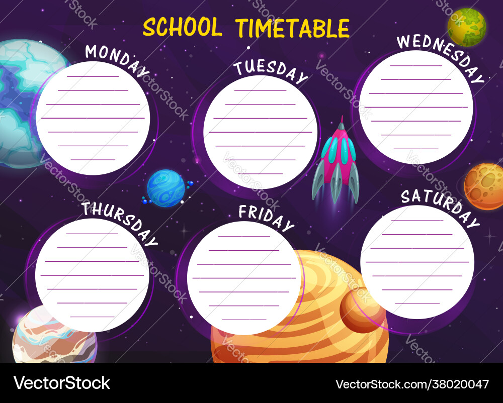 School timetable with cartoon space planets frame Vector Image