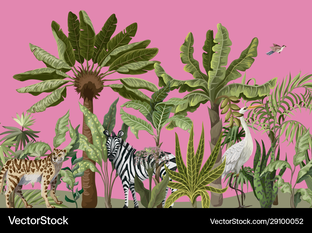 Border with jungle trees and wild birds and Vector Image