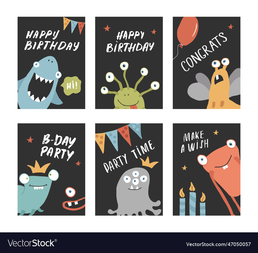 Birthday cards set with cute monsters cartoon Vector Image