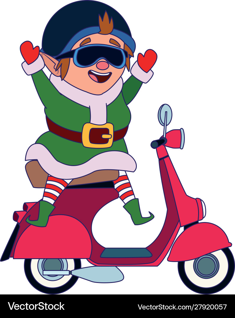 Christmas elf riding a motorcycle flat design Vector Image