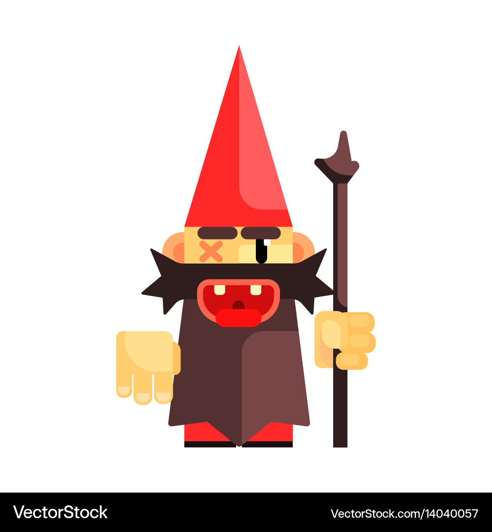 Dwarf in a red hat grimly grins fairy tale Vector Image