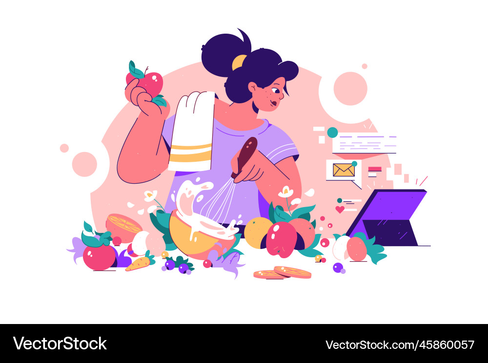 Woman cooking interrupted by notifications Vector Image