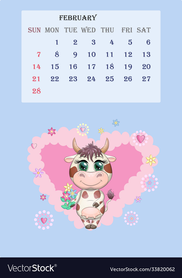 Calendar 2021 cute bull and cow for every month Vector Image