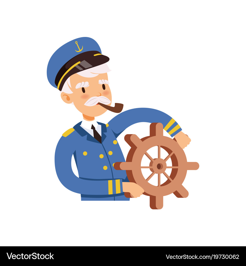 Captain character behind wheel sailor in blue Vector Image