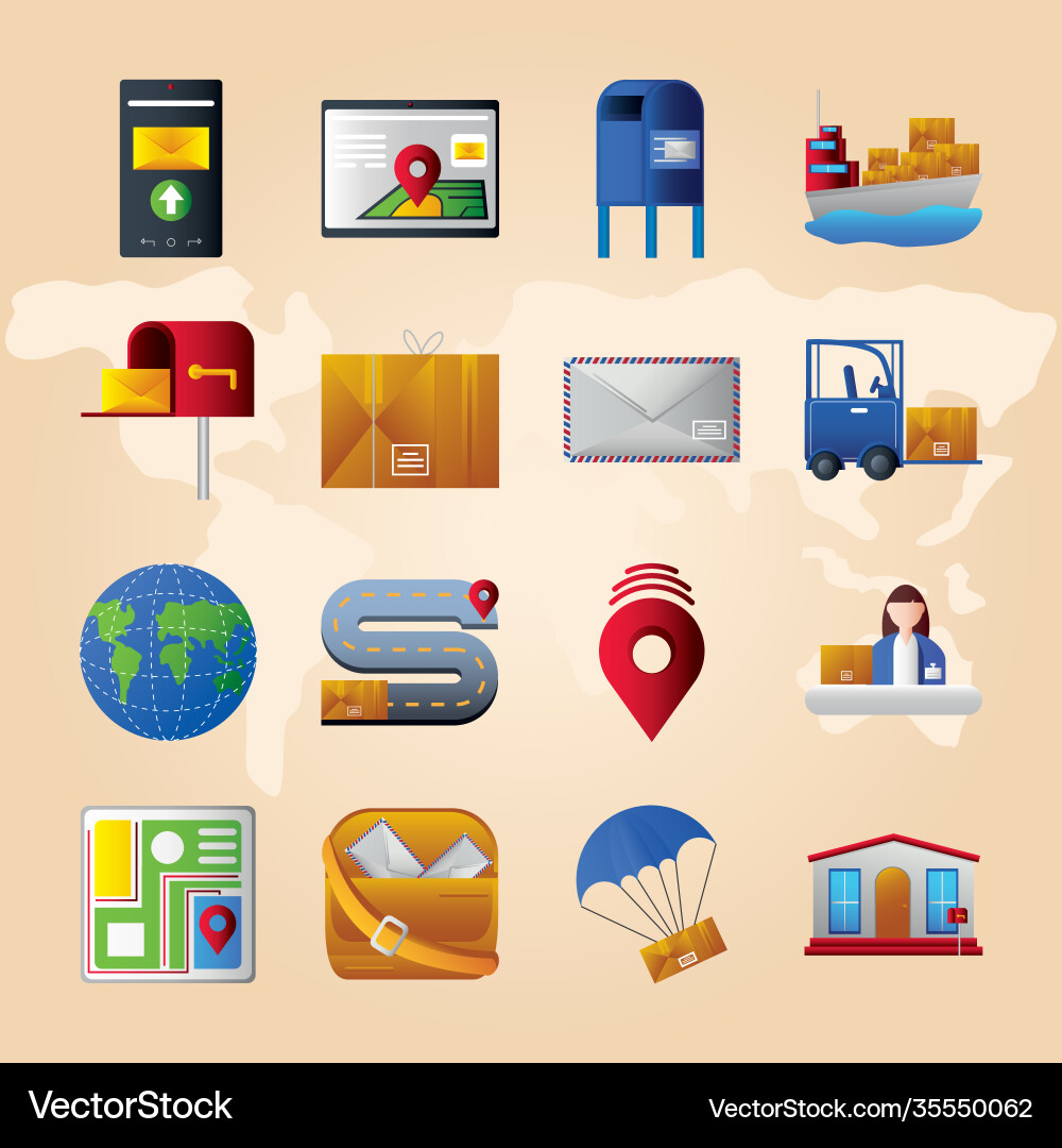 Postal service set icons online tracking order Vector Image