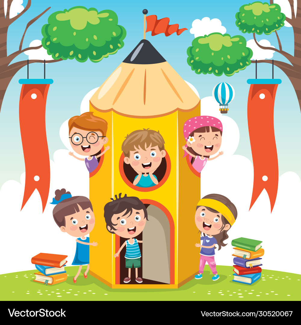 Children playing at pencil house Royalty Free Vector Image