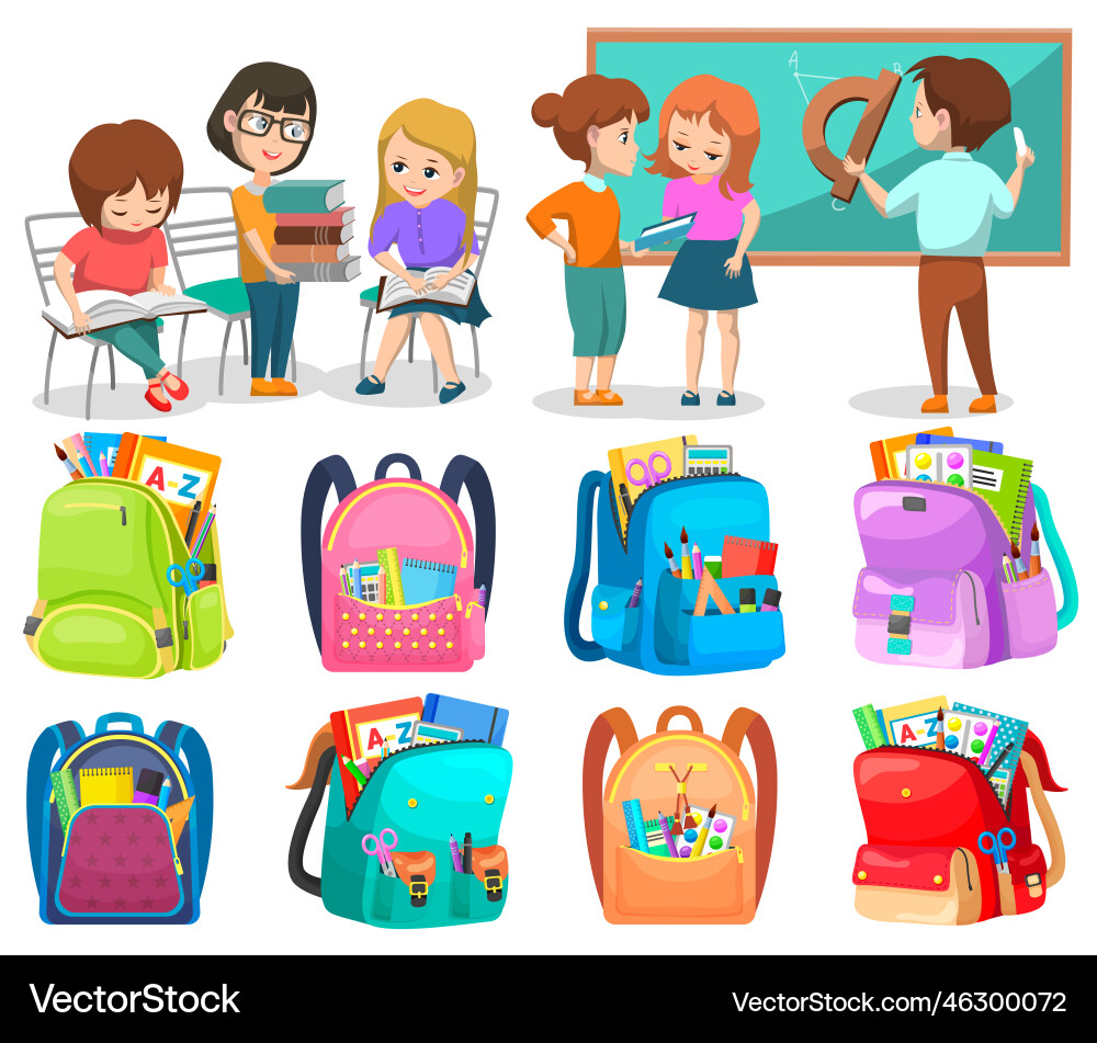 Pupils and backpack sticker school club Royalty Free Vector