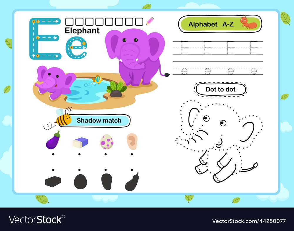 Alphabet letter e-elephant exercise with cartoon Vector Image