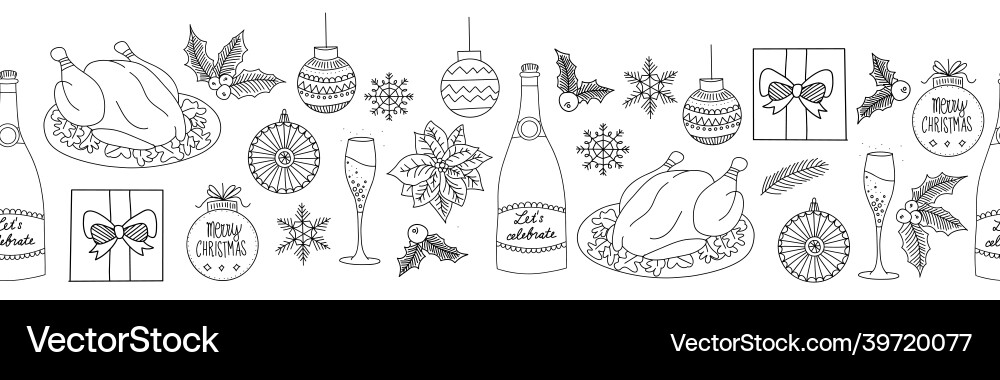 Christmas seamless border hand drawn line art Vector Image