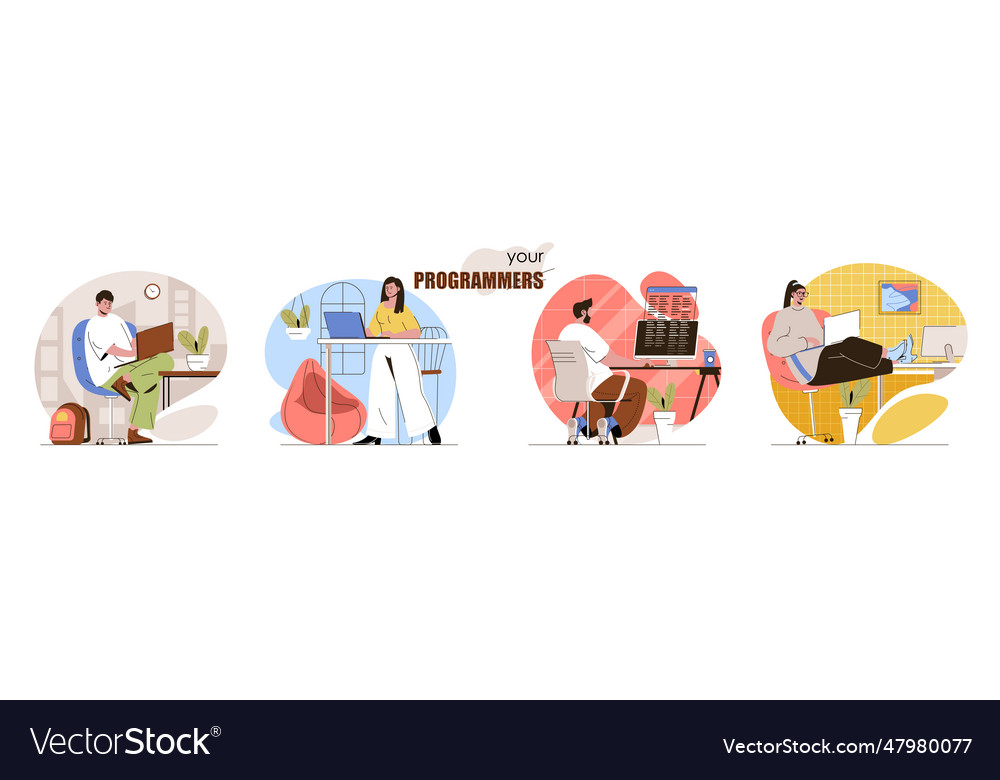 Programmers Concept Scenes Set Developers Coding Vector Image