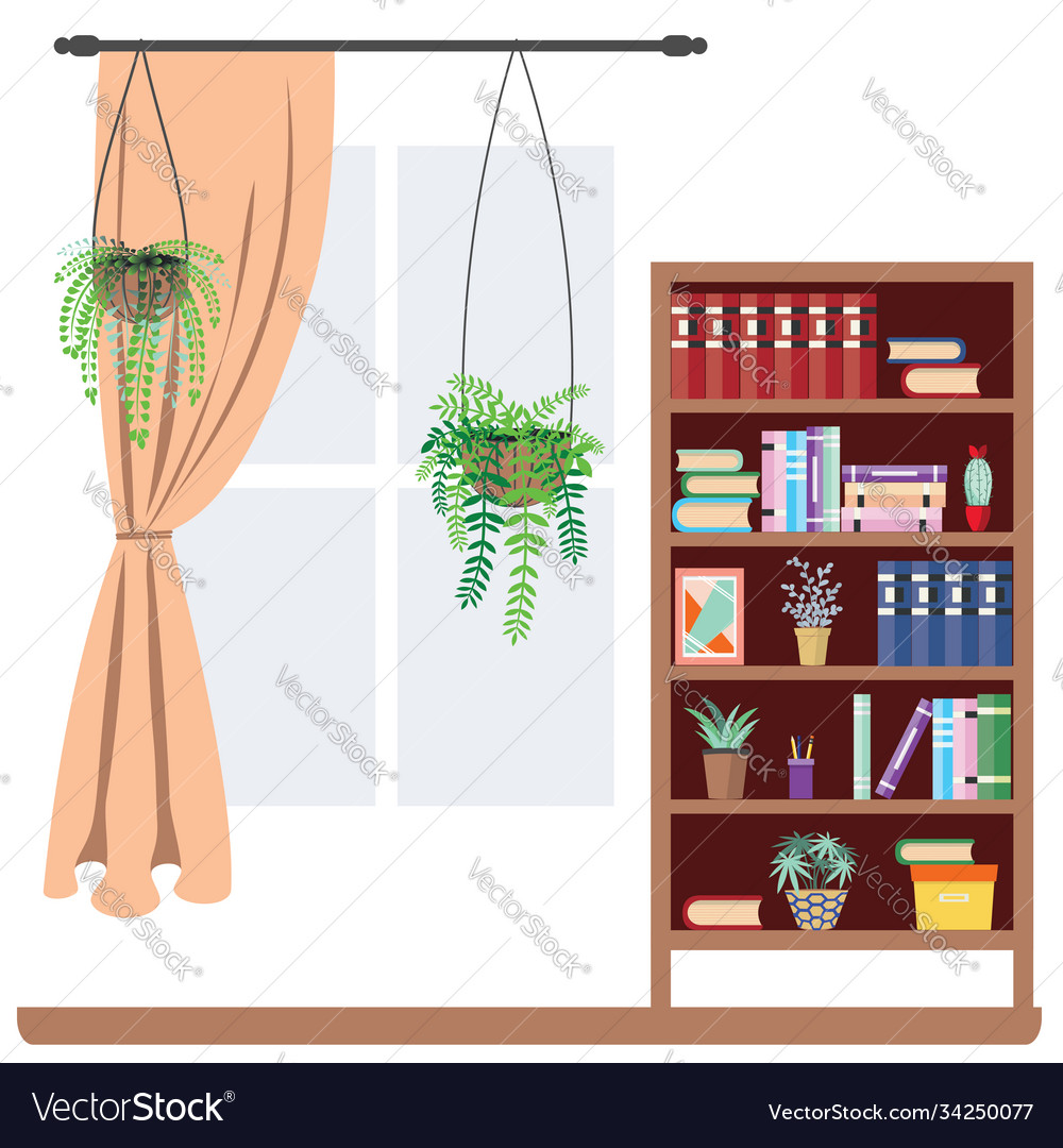 Room with bookshelf and houseplants Royalty Free Vector