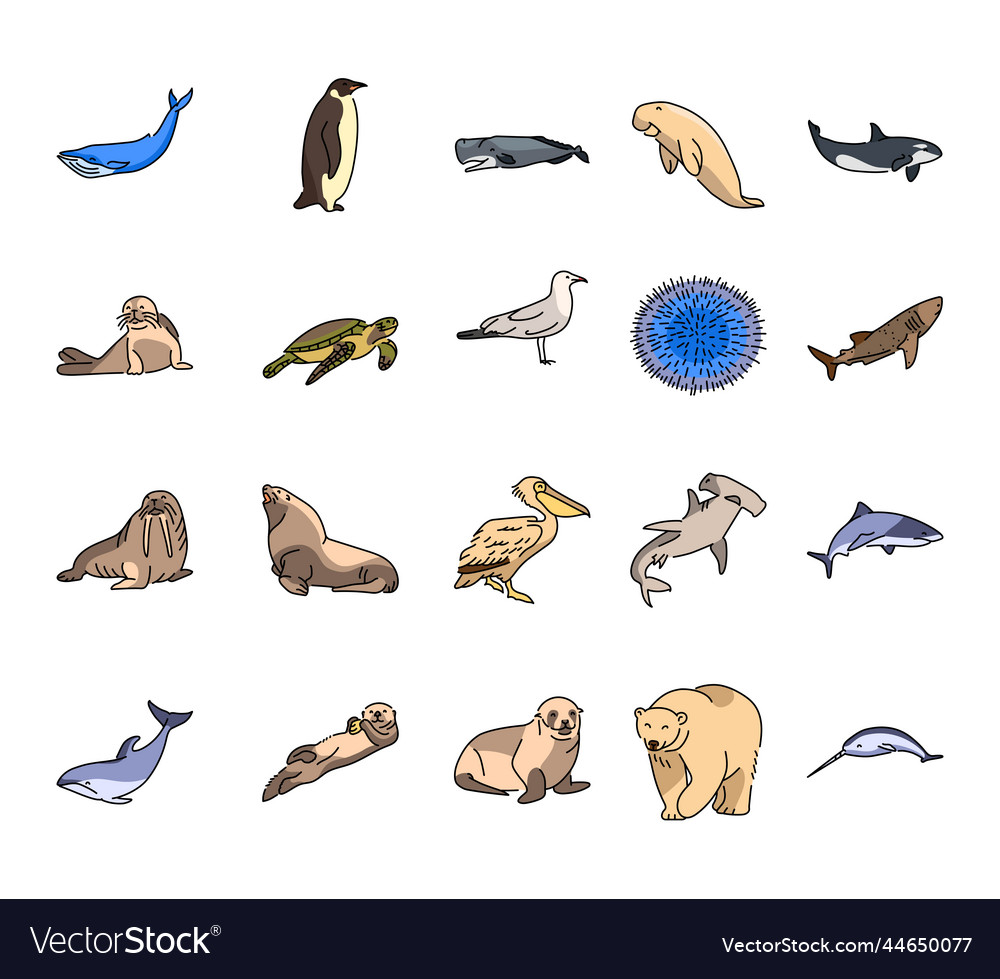 Sea animals line icons set isolated Royalty Free Vector Sea animals line icons set isolated Royalty Free Vector