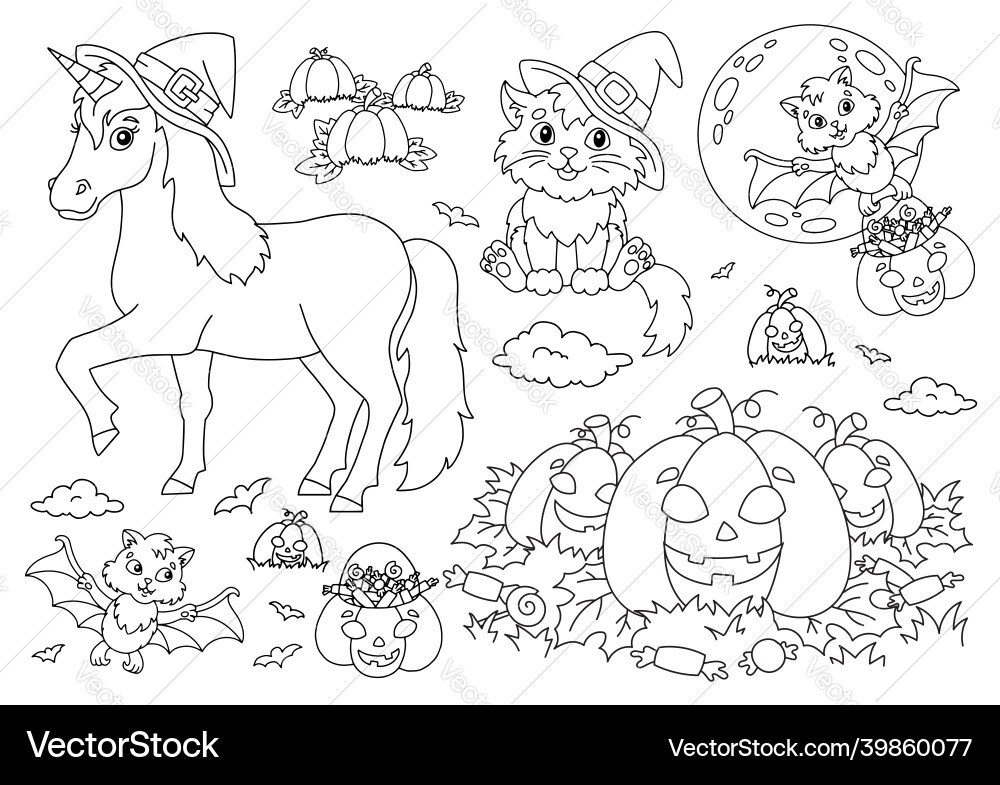 Unicorn in a hat cat bat pumpkin halloween theme Vector Image