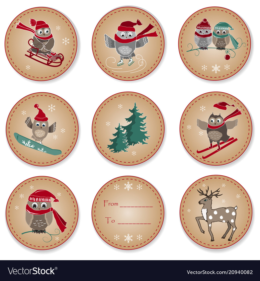 Set of greeting labels with cute owls Royalty Free Vector