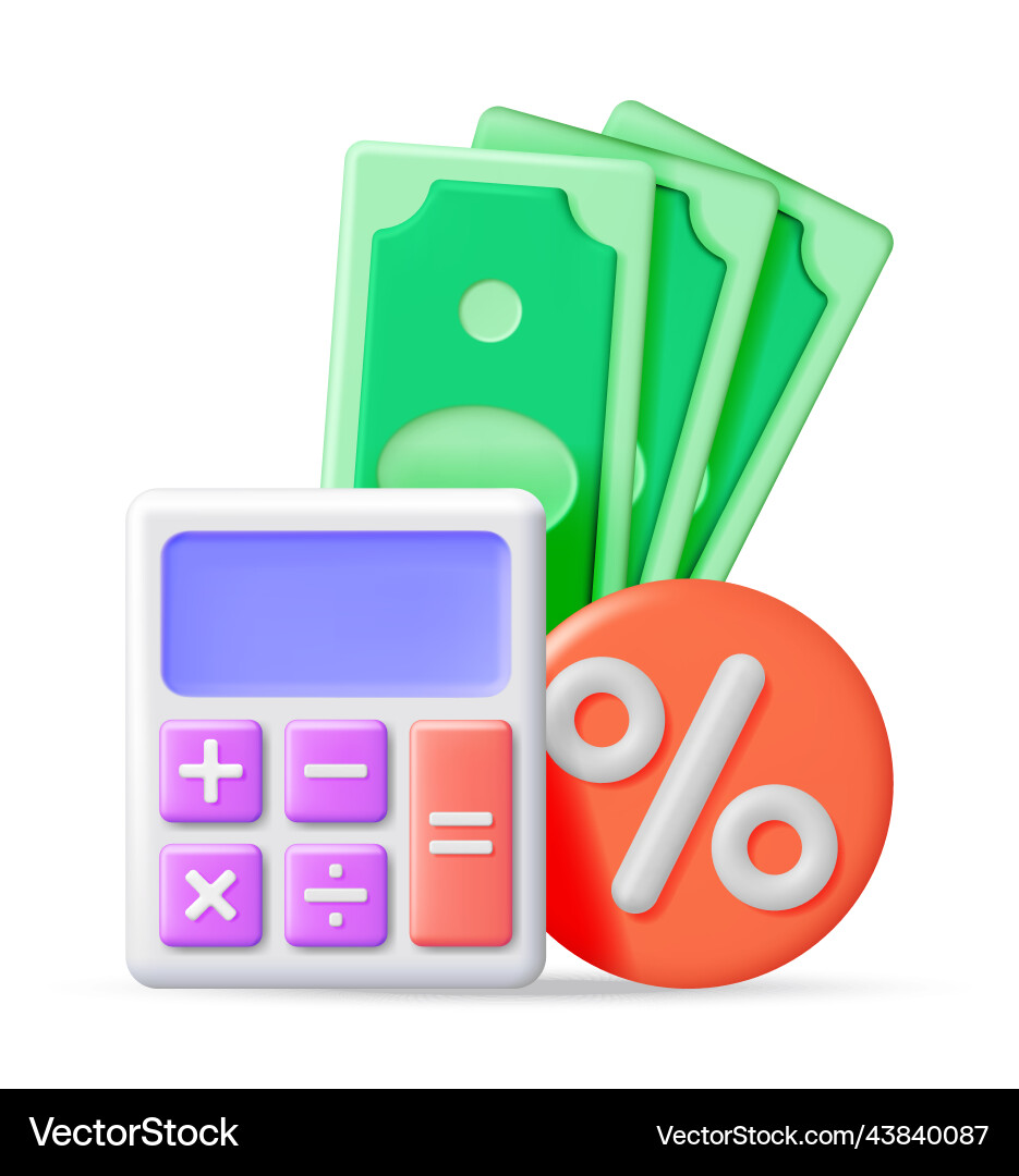 3d calculator with percent symbol and banknotes Vector Image