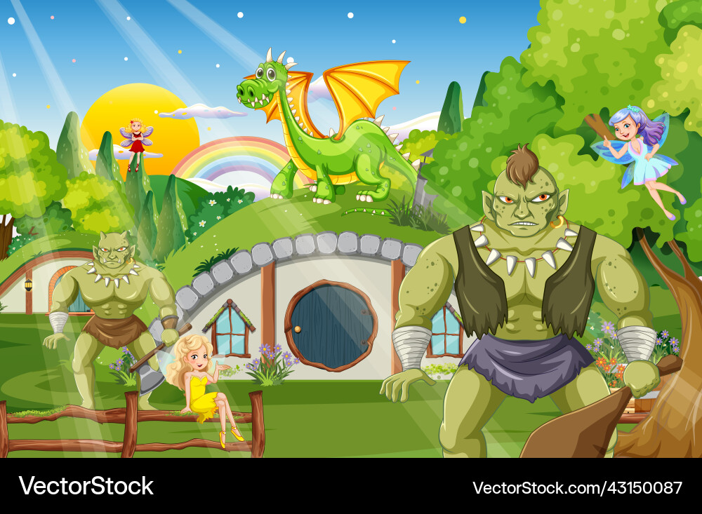 Enchanted scene with medieval cartoon characters Vector Image