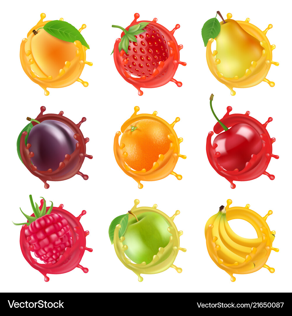 Fruits in juicy splashes realistic Royalty Free Vector Image