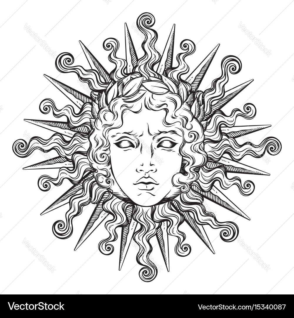 Hand drawn antique style sun with face apollo Vector Image